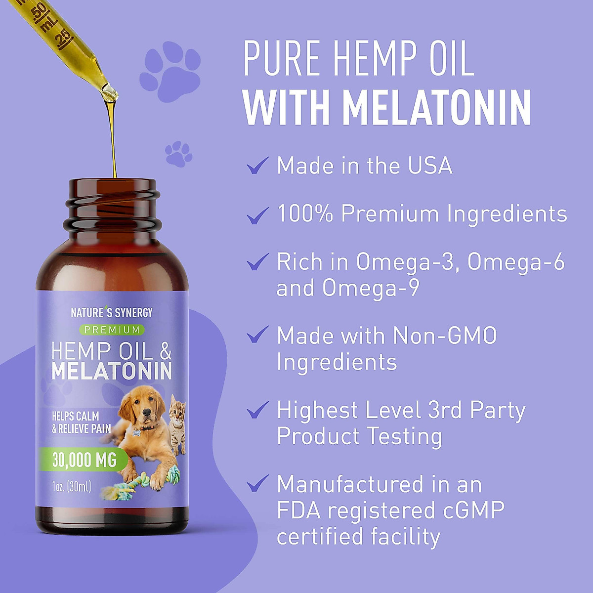 Nature's Synergy Melatonin and Hemp Oil for Dogs, Cats & Pets, 2 Pack, Calming Sleep Support, Omega Fatty Acids for Hip and Joint Support, Skin and Coat Health, Stress from Travel, Separation