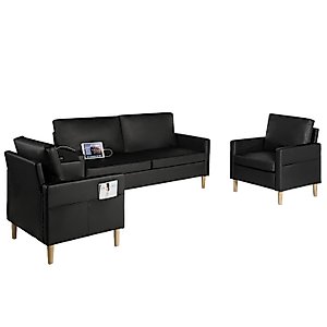 AILEEKISS Mid-Century Sectional Sofa Set for Living Room Faux Leather Office 2 Pcs Couch Set with Armrest Modern Upholstered Loveseat Couches (1-Seater+2-Seater, Black)