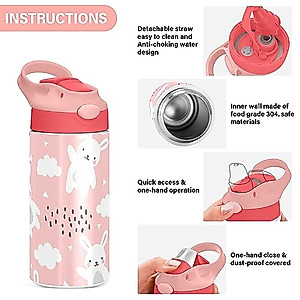 Kigai Pink Rabbit Kids Water Bottle, Insulated Stainless Steel Water Bottles with Straw Lid, 12 oz BPA-Free Leakproof Duck Mouth Thermos for Boys Girls