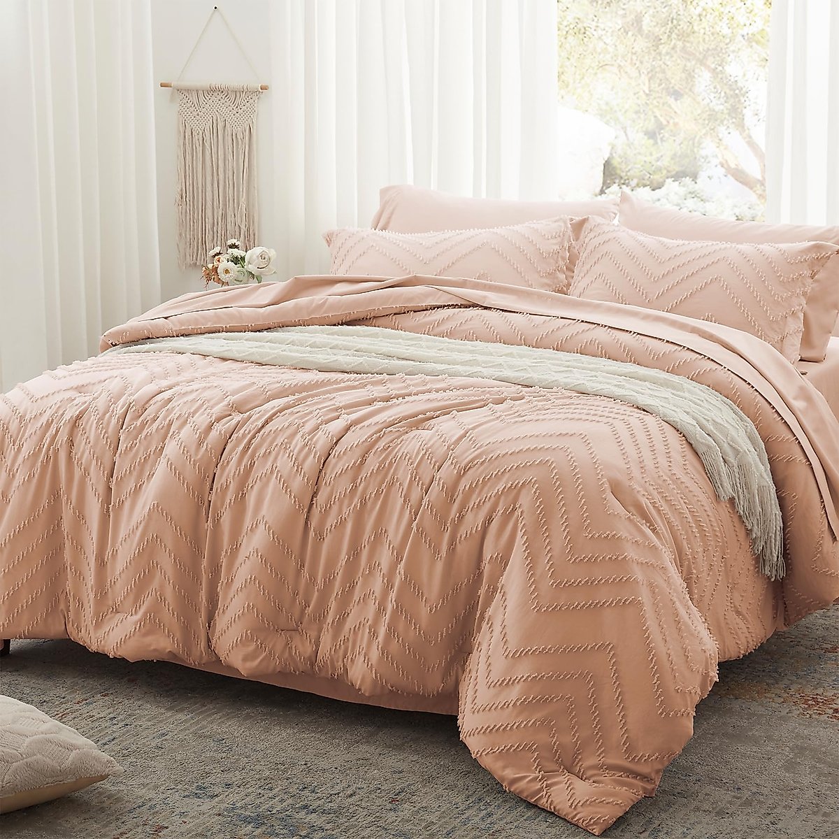 Anluoer Twin Comforter Set, Pink Tufted Bed in a Bag 5 Pieces with comforters and Sheets, All Season Bedding Sets with 1 Comforter, 1 PillowShams, 1 Pillowcases, 1 Flat Sheet, 1 Fitted Sheet