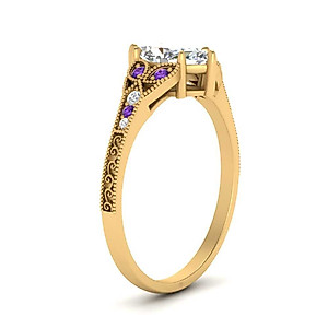 Jewelryonclick Split Band Antique Engagement Ring Yellow Gold Plated Natural Amethyst Marquise Shape Purple Color Side Stone Engagement Rings Pave Setting in Size 9 Fashion Jewelry