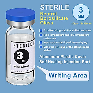Threlaco 20 Pcs 3ml Sealed Sterile Empty Vials with Self Healing Injection Port Glass Penicillin Bottle with 20 Label Stickers