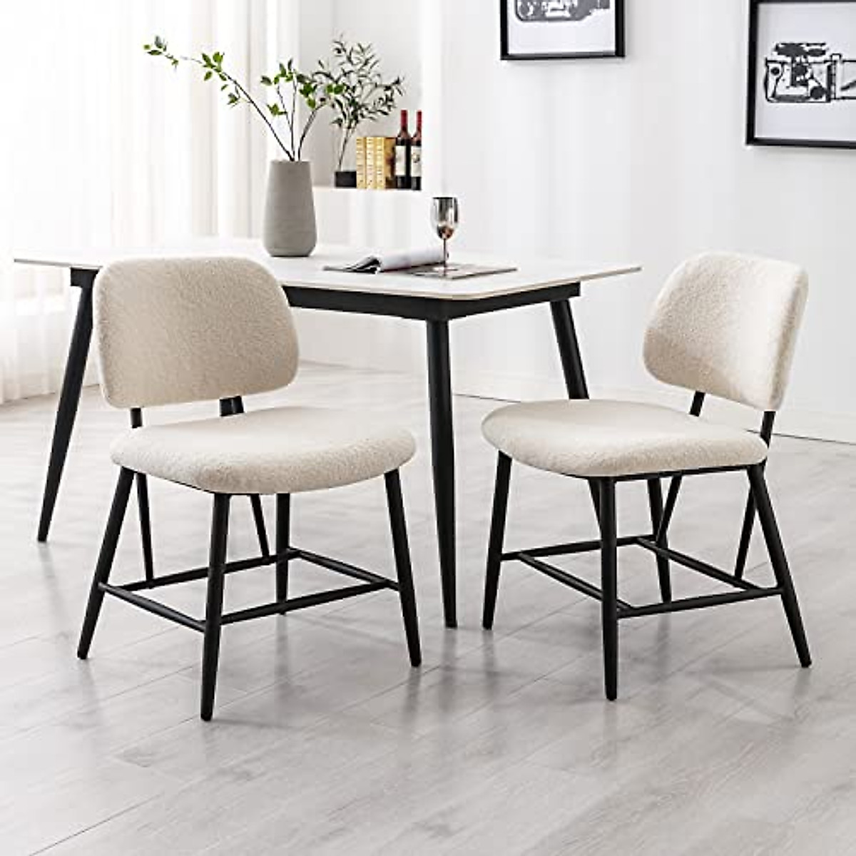 JIRAIN Mid Century Modern Upholstered Dining Chairs, Modern Boucle Fabric Accent Chairs Sherpa Chairs with Metal Legs for Living Room Farmhouse, Set of 2, Black