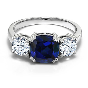 Gem Stone King 925 Sterling Silver Blue Simulated Sapphire and White Zirconia 3 Stone Engagement Ring For Women (4.00 Cttw, Gemstone September Birthstone, Cushion 8MM, Size 7)