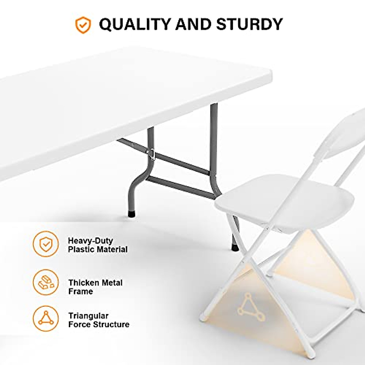 VINGLI 6 FT Plastic Folding Table Set with 8 White Folding Chairs for Picnic, Event, Training, Outdoor Activities, at Home and Commercial Use