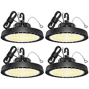 UFO LED High Bay Light 150W 21000LM 0-10V Dimmable Can Replace 600W HID/HPS, 5' Cable with Plug, IP65 Waterproof and Dustproof, Certified Driver Shop Lights for Warehouse Garage Gym Workshop(4pack)