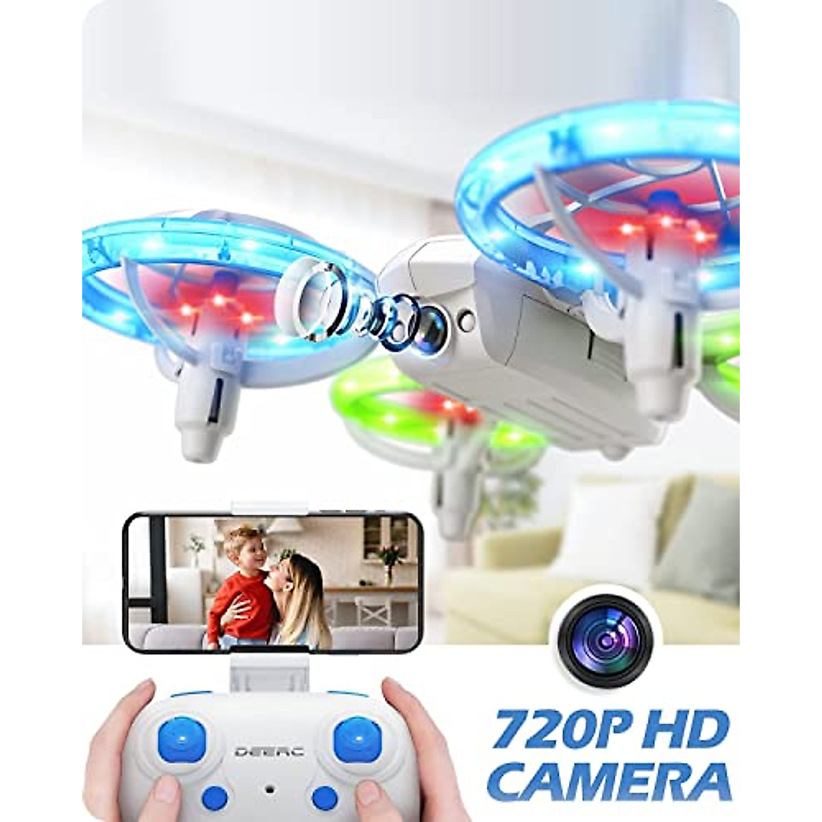 D23 DEERC Drones for Kids Beginners, LED RC Mini Drone with Altitude Hold, Headless Mode, Quadcopter with 720P HD FPV WiFi Camera, Propeller Full Protect, Easy to use Kids Gifts Toys for Boys, Girls