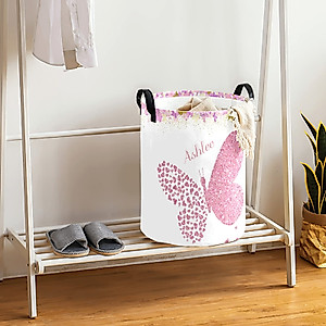 Personalized Laundry Basket, Pink Confetti Butterfly Custom Storage Bins Laundry Hamper with Name Collapsible Toys Organizer
