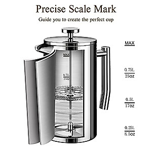 BAYKA French Press Coffee Tea Maker 34oz, 304 Stainless Steel Insulated Coffee Press with 4 Filter Screens, Milk Frother, Rust-Free, Dishwasher Safe, Silver