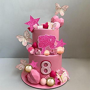 Hot Pink Girl Cake Toppers with Pink Gold Butterfly Balls Star Doll Cake Toppers for Wedding Baby Shower Anniversary Girl Birthday Themed Party Supplies (Style 1)