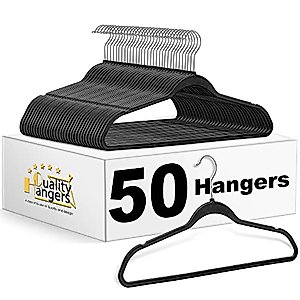 Quality Hangers 50 Pack Slim Plastic Hangers for Clothes - Heavy Duty Non-Velvet Hangers with 360° Swivel Chrome Hook & Non Slip Notches - Ideal for Dresses Coats Shirts Jackets & More - Black