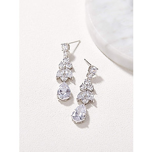 SWEETV Teardrop Wedding Bridal Earrings for Brides, Bridesmaids, Silver Crystal Cubic Zirconia Dangle Drop Earrings for Women Prom Gifts