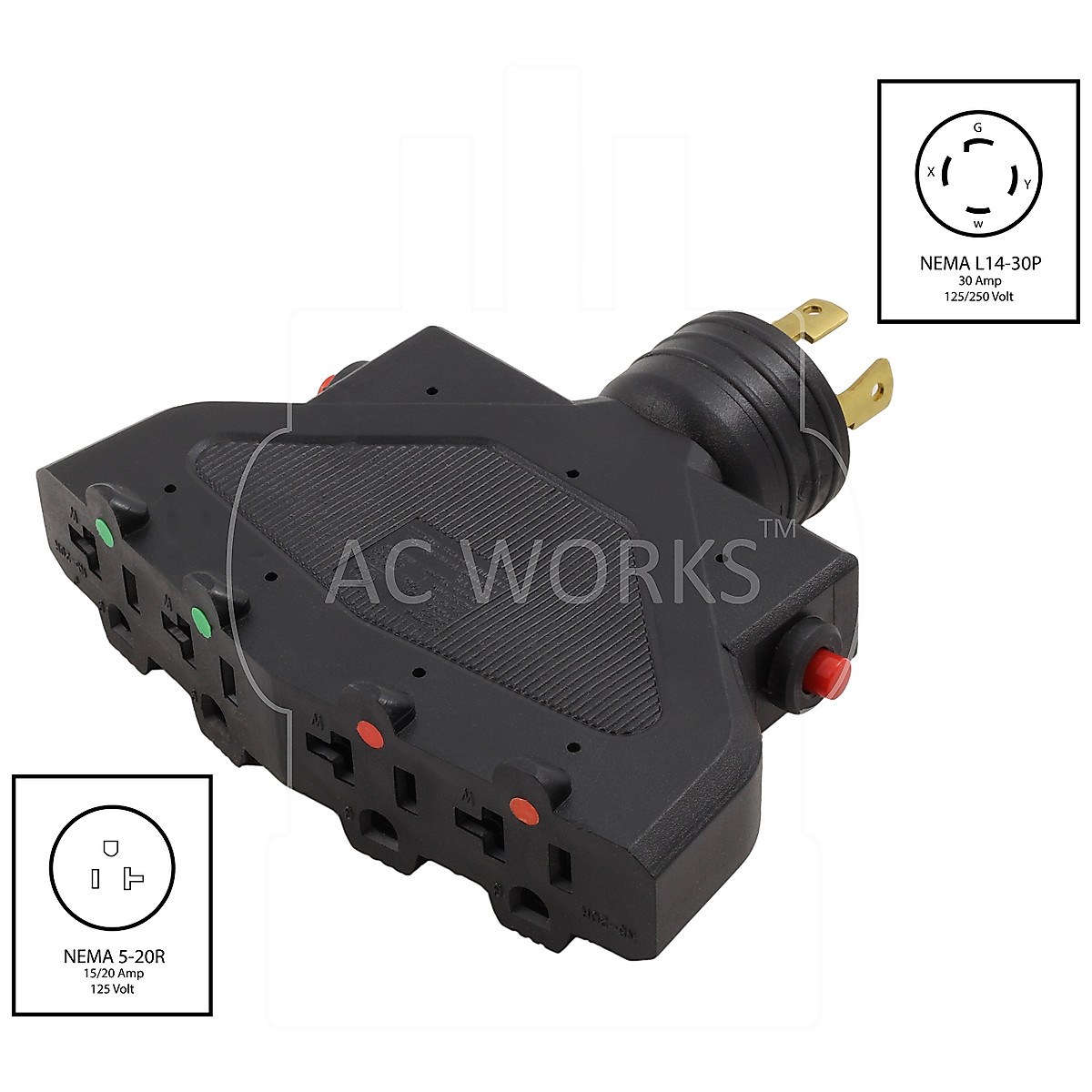 AC WORKS L14-30 30Amp 4-Prong Locking Generator Distribution Cord (L14-30 to Four 15/20A Household with Breaker)