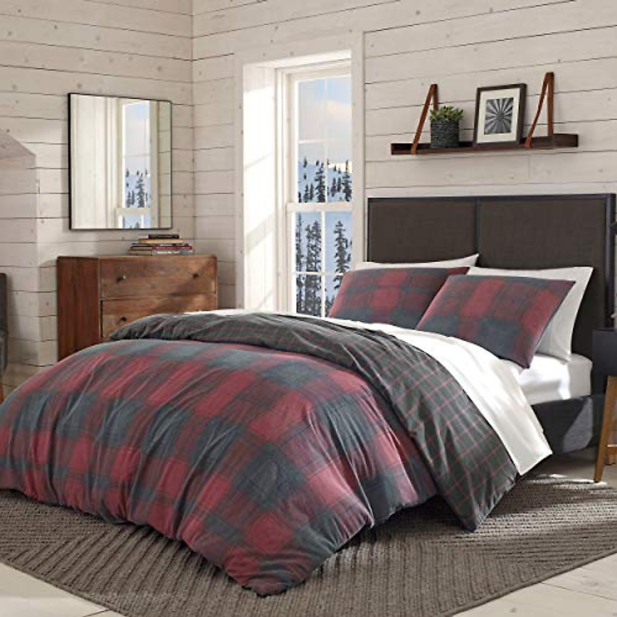 Eddie Bauer - Queen Duvet Cover Set, Cotton Reversible Bedding with Matching Shams, Plaid Home Decor with Button Closure (Cattle River Red, Queen)