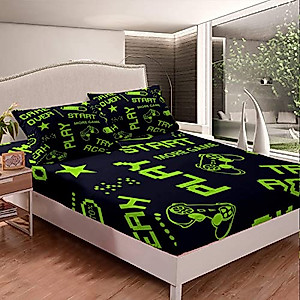 Erosebridal Games Fitted Sheet Twin Size Kids Boys Gamepad Gamer Bedding Set Gaming Sheet Set Gifts for Christmas Bed Cover Gamer Room Decor with 1 Pillow Case Green Black No Flat Top Sheet