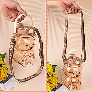 Kawaii Bear Straw Bottle, Large capacity bear water bottle with Strap and Straw, Cute Portable Bear shaped water Bottle Adjustable Removable Strap for outdoor and school activities(grey)