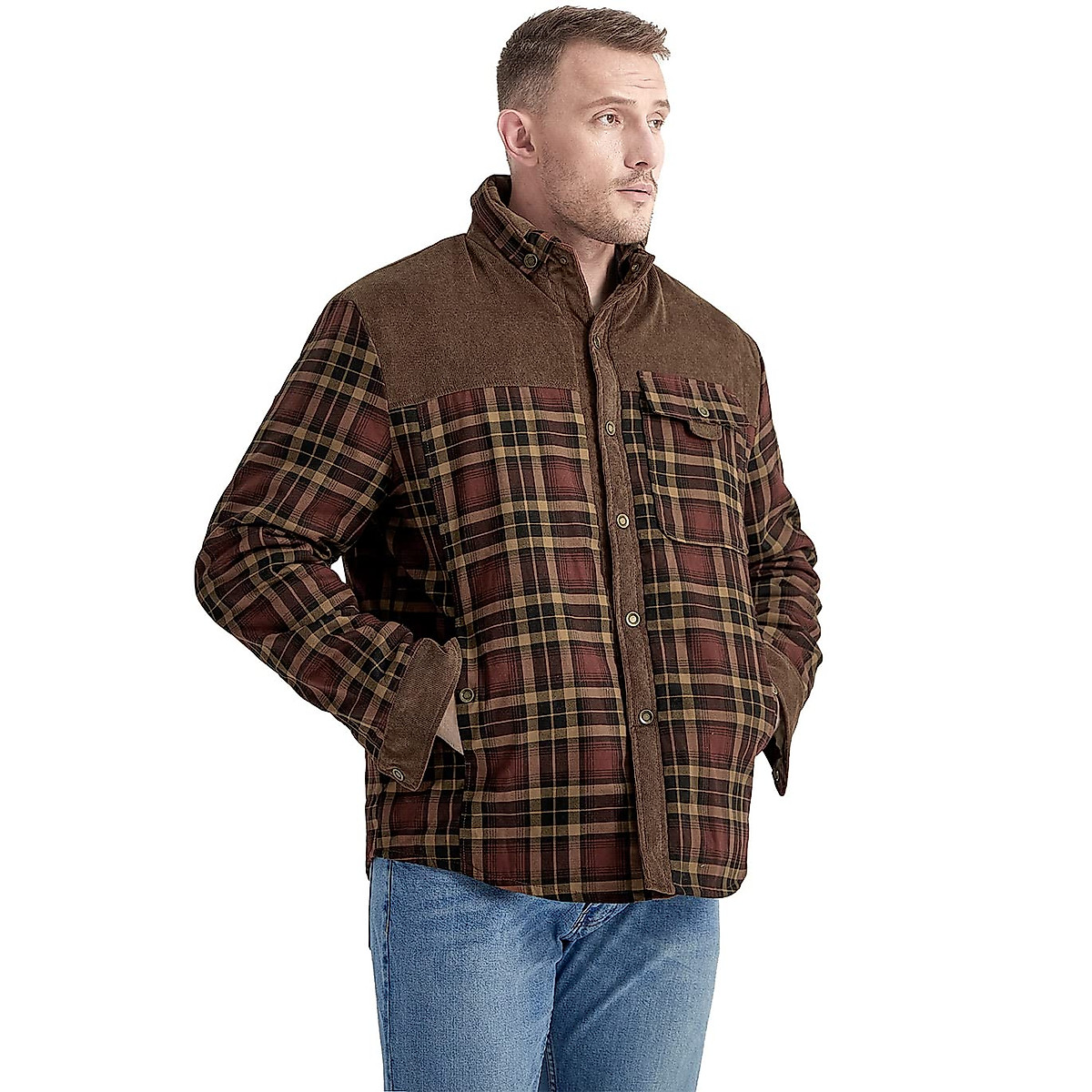 Haellun Men's Long Sleeve Sherpa Lined Shirt Jacket Flannel Plaid Fleece Coats (Medium, Coffee)