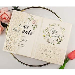 25 sets Vinatge Pearl Ivory Tri Fold Wedding Invitations Cards With Envelopes Inserts for Bridal Shower Birthday 5X7