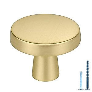 homdiy 5 Pack Gold Cabinet Knobs Round Brushed Brass Kitchen Knobs Zinc Alloy Dresser Knobs Metal Cabinet Handles for Drawer Desk Cabinets Cupboard