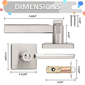 Probrico (5 Pack Square Door Lever Interior Bedroom or Bathroom Lever Door Handle, Privacy Door Lever in Satin Nickel,with Locking Keyless Lever for Right & Left Sided Doors Heavy Duty