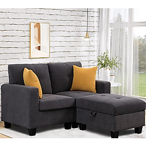 Flesser Loveseat Sofa Small Sectional Couch with Storage Modular Couch Love Seat with Ottoman for Small Spaces Velvet Convertible Bedroom Couch in Dark Grey