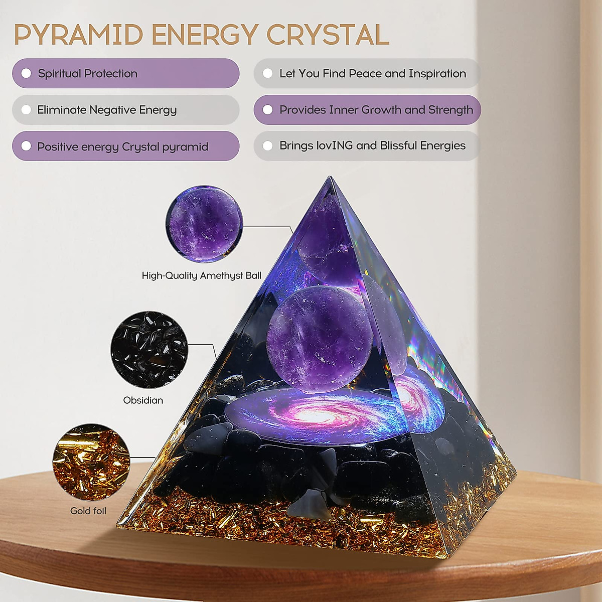 Hopeseed Orgone Pyramid for Positive Energy, Orgonite Amethyst&Obsidian Healing Crystal Pyramids for Reduce Stress Chakra Reiki Healing Meditation Attracts Lucky and Success