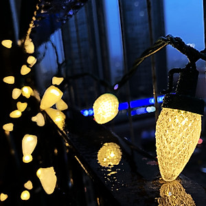 BOKING Christmas C7 Light String 50 LED White Outdoor Indoor Waterproof Strawberry Xmas Tree Decoration Plug in Extendable 34.5 Feet Used for Patio Party Holiday Courtyard Garden Home(Warm White)