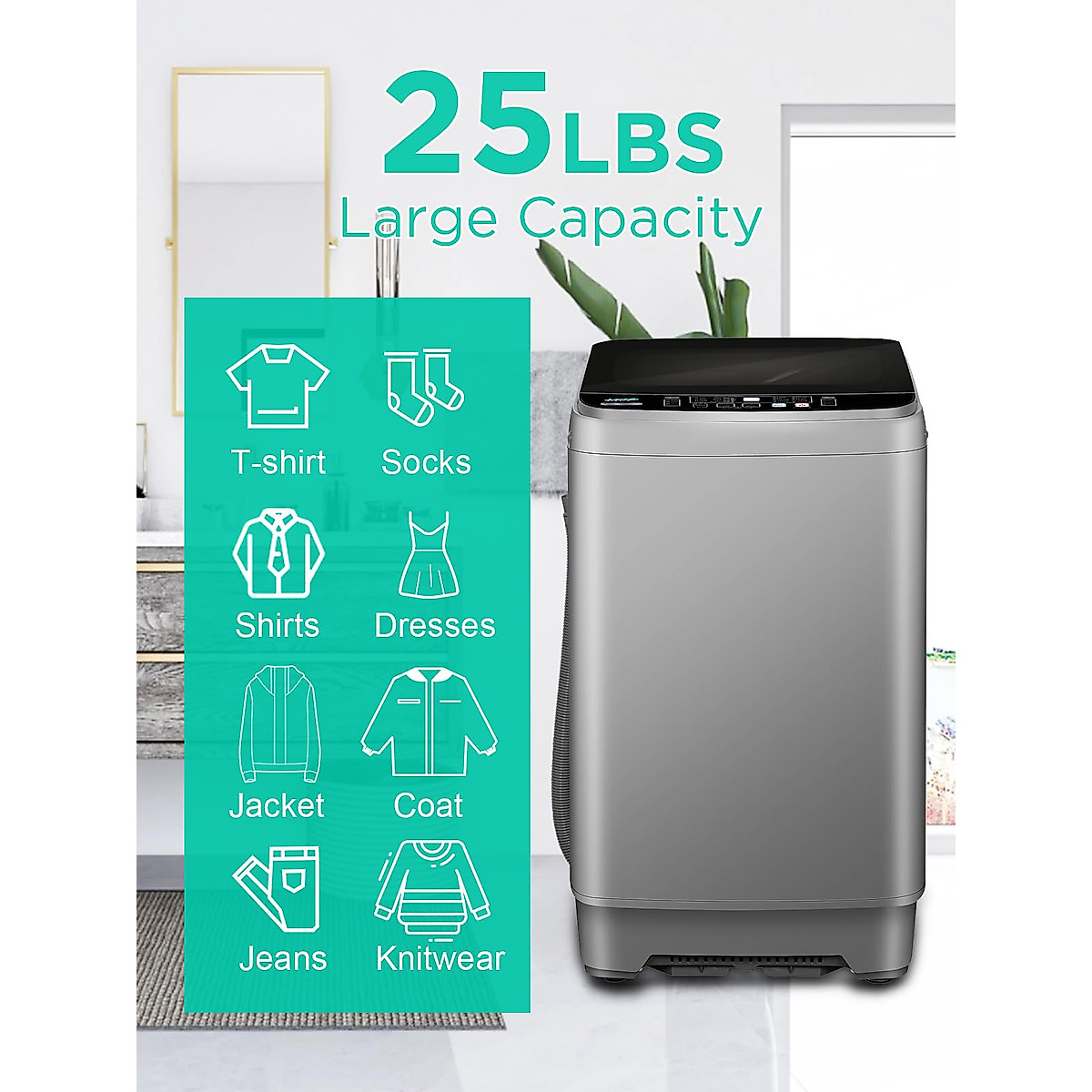 KRIB BLING Full Automatic Washing Machine with LED Display, 25 lbs Portable Washer Drain Pump, Come with a Glass Cover, 8 Programs & 8 Water Levels Selections, Ideal for Camping, Apartment, Dorm, Grey