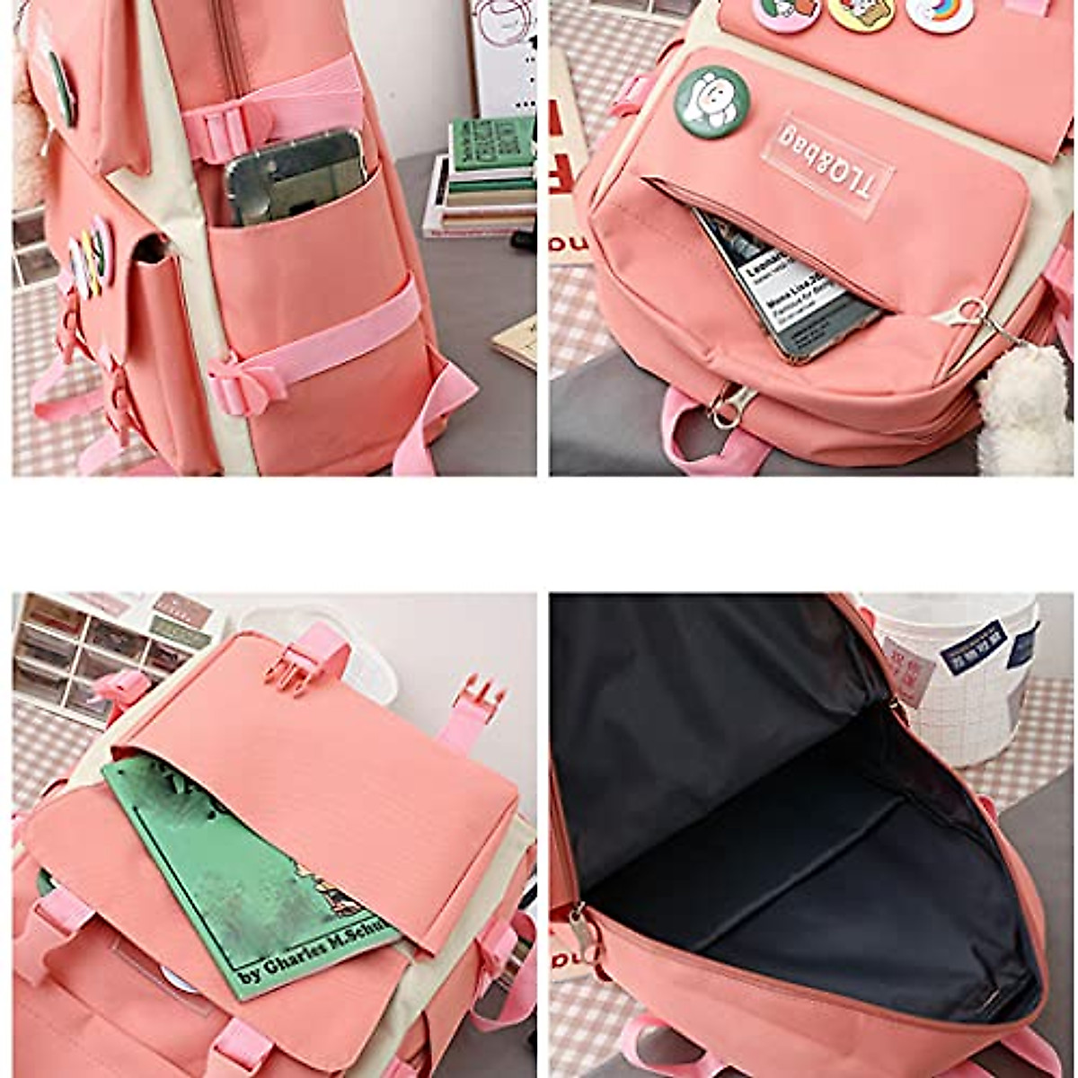 4PCS Canvas School Backpack Combo Set with Kawaii Teddy Bear Pendant Pin Cute Aesthetic Laptop Schoolbag Shoulder Tote Bag (Blue)