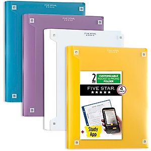 Five Star Pocket Folder + Study App, 4 Pack, 2 Pocket Folder with Prong Fasteners, Customizable Cover, White, Amethyst Purple, Harvest Yellow, Tidewater Blue (340220B-ECM)