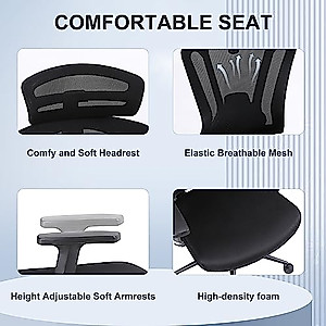 Ergonomic Home Office Chair, High Back Desk Chair with Adjustable Lumbar Support, 2D Armrest and Headrest, Black Mesh Computer Gaming Chair with Tilt Function
