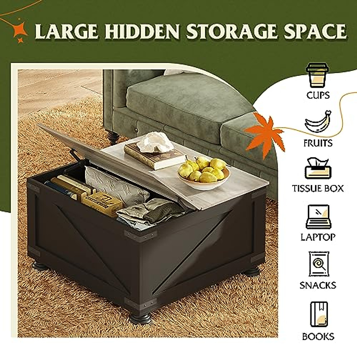 WLIVE Farmhouse Coffee Table,Square Wood Lift Top Coffee Table with Storage,Center Table for Living Room,Home Office,Black and Grey Oak