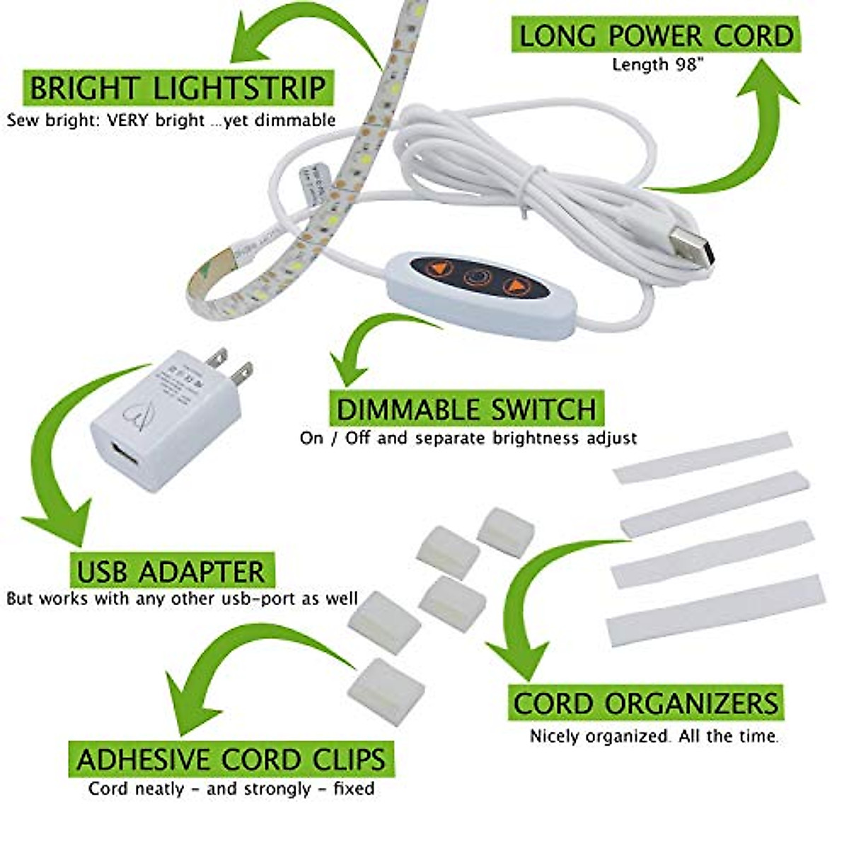 Madam Sew Sewing Machine Light Strip, 12” USB LED Light Strip with Clean White Lights for Brother, Janome, Babylock, Pfaff – Dimmable Strip Light for Sewing Machine with 98” Power Cord and Clips