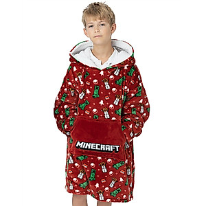 Minecraft Christmas Xmas Vuddie Oversized Blanket Hoodie Kids Boys Girls Red Fleece