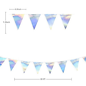 33Ft Iridescent Party Decoration Holographic Fabric Triangle Pennant Banner Flag Cotton Bunting Garland for Birthday Wedding Bridal Shower Bachelorette Engagement Disco Euphoria Galaxy Party Supplies