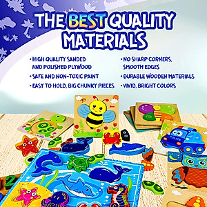 12 Pack Premium Chunky Wooden Puzzles for Toddlers Ages 2-4 - Toddler Learning Toys for Boys & Girls - Alphabet, Numbers, Fruits, Sea Life, Vehicles, Animals - Jigsaw Peg Puzzles for Kids - Value Set