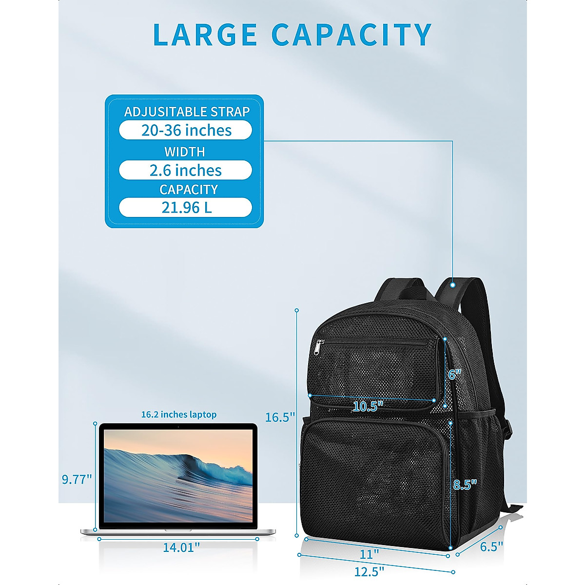 Lyingflat Mesh Backpack with Inner Compartment, Large Heavy Duty Mesh Bookbag with Padded Shoulder Straps for Travel Swimming Hiking Beach - Black