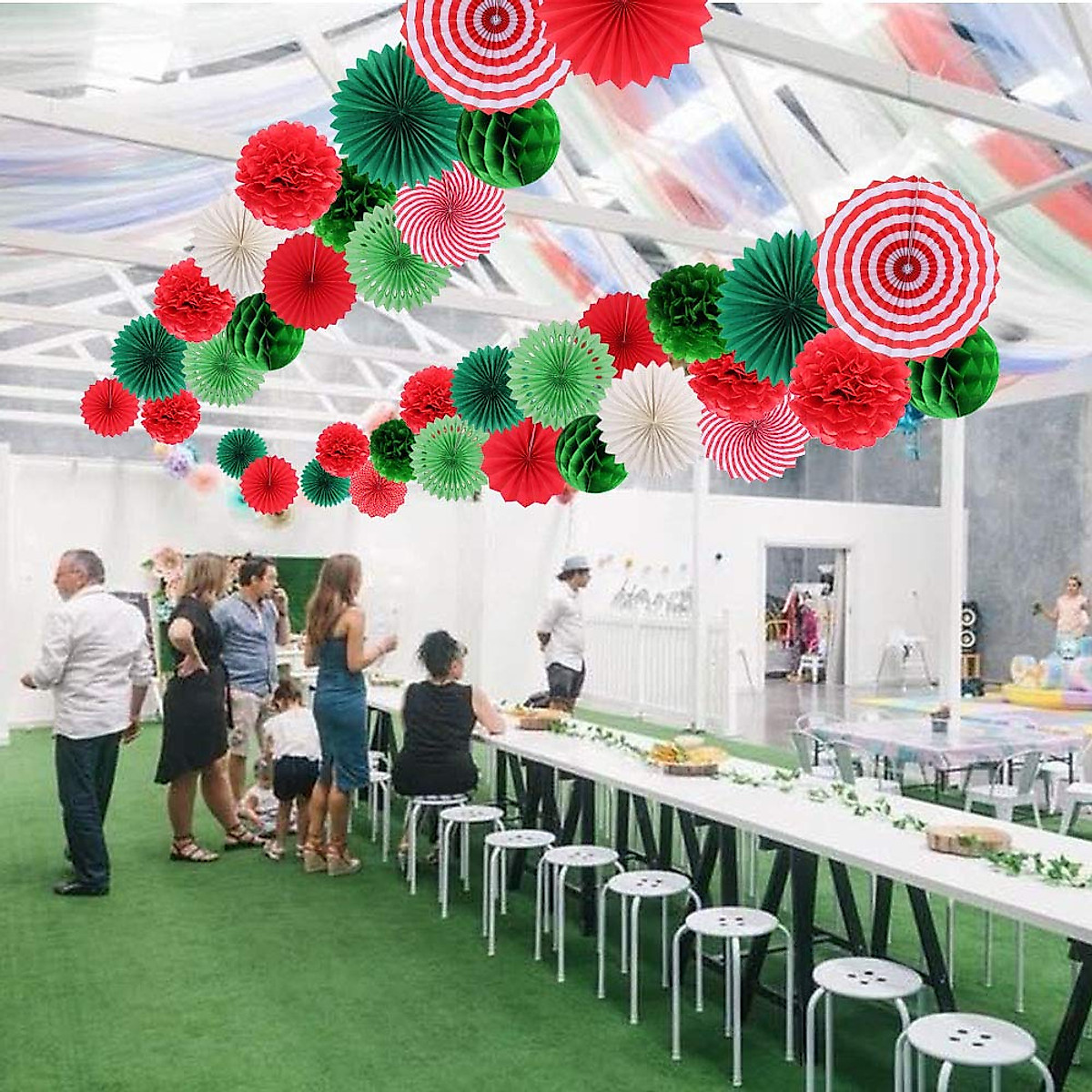 Hanging Party Decorations Set Tissue Paper Fan Paper Pom Poms Flowers and Honeycomb Ball for Christmas Wedding Engagement Graduation Party Decor Green Red Kit