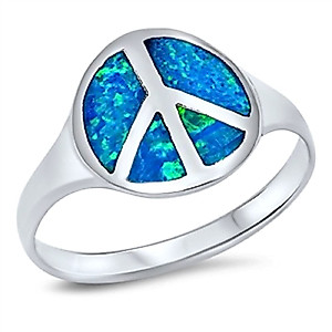 CloseoutWarehouse Peace Sign Haight Ashbury Hippie Blue Simulated Opal Ring 925 Sterling Silver Size 5