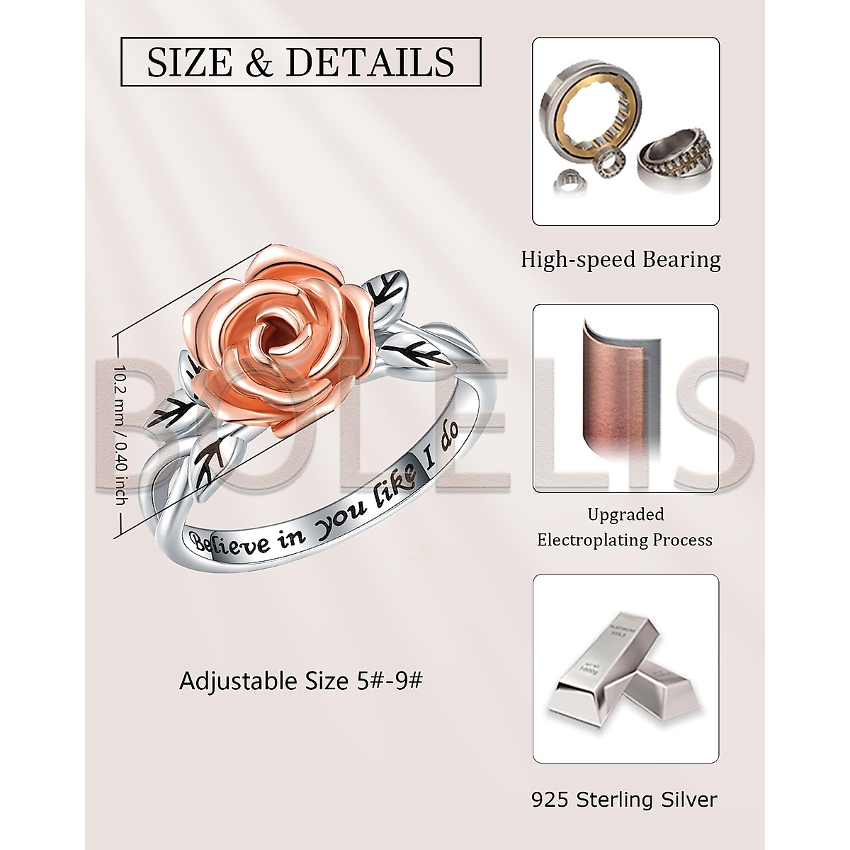 Fidget Spinner Rings for Anxiety for Women - 925 Sterling Silver Sunflower/Rose/Daisy Promise Bands Relieving Stress Jewelry Anti Anxiety Gifts for Couples Women (Rose, 5)