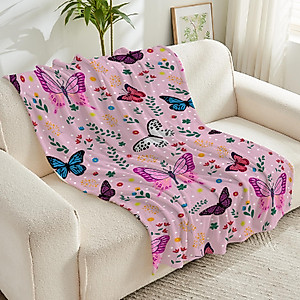 Jameswish Butterfly Throw Blanket for Girls Teens Toddler Pink Soft Fuzzy Flannel Bed Blanket for Kids Adults Plush Colorful Flowers Blanket,50”x60”