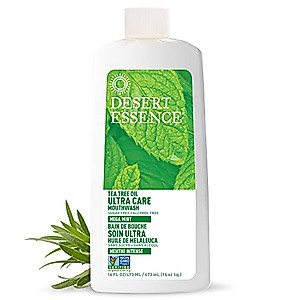 Desert Essence Ultra Care Mouthwash, Mega Mint, 16 fl oz - Alcohol Free, Sugar Free, Gluten Free, Vegan, Non-GMO - Aloe, Sage, Chamomile, Tea Tree Oil, Peppermint & Spearmint Essential Oils