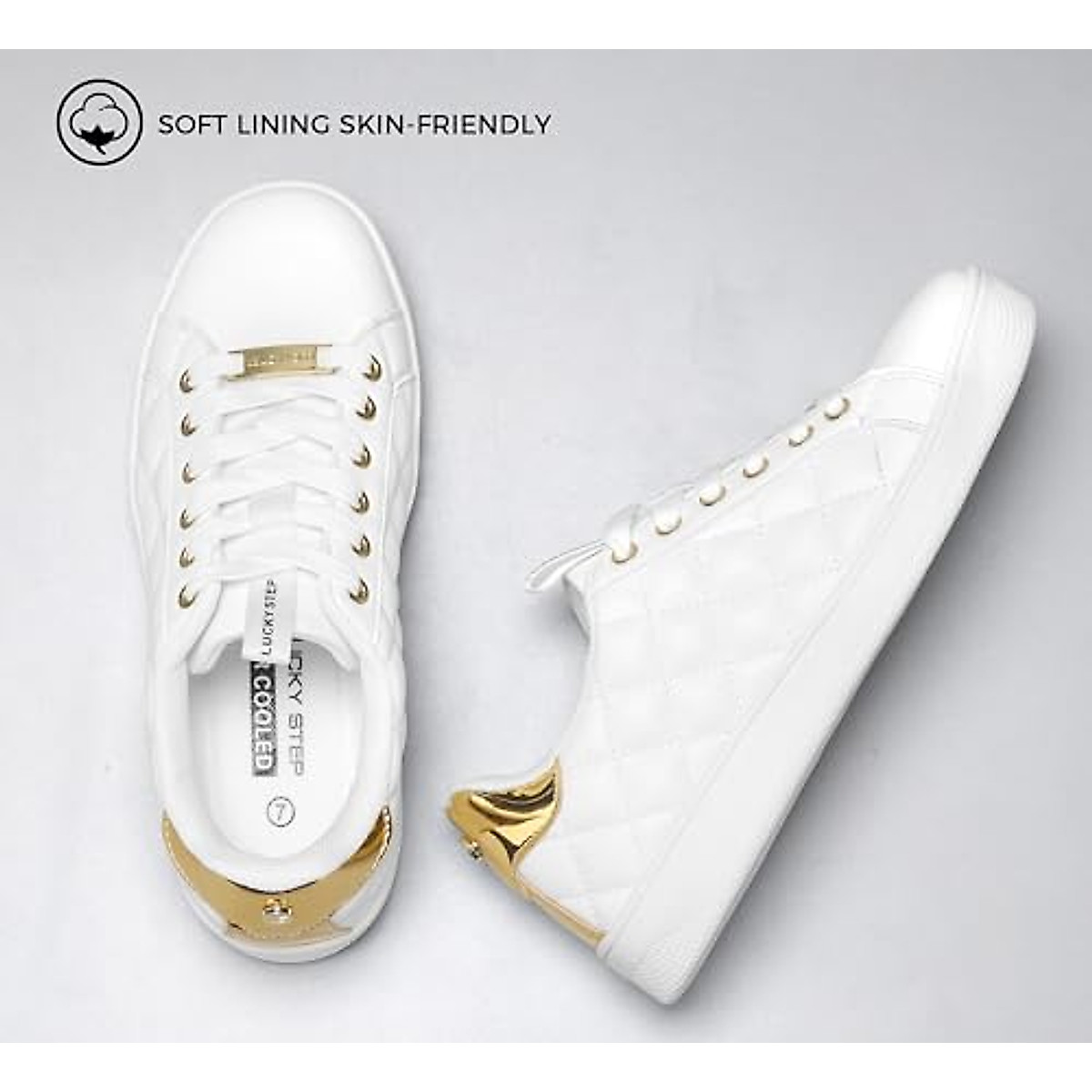 LUCKY STEP Women‘s Fashion Sneakers Classic Casual Tennis Lace up PU Leather Walking Shoes Comfortable Non Slip Sneakers(White,9B(M) US)