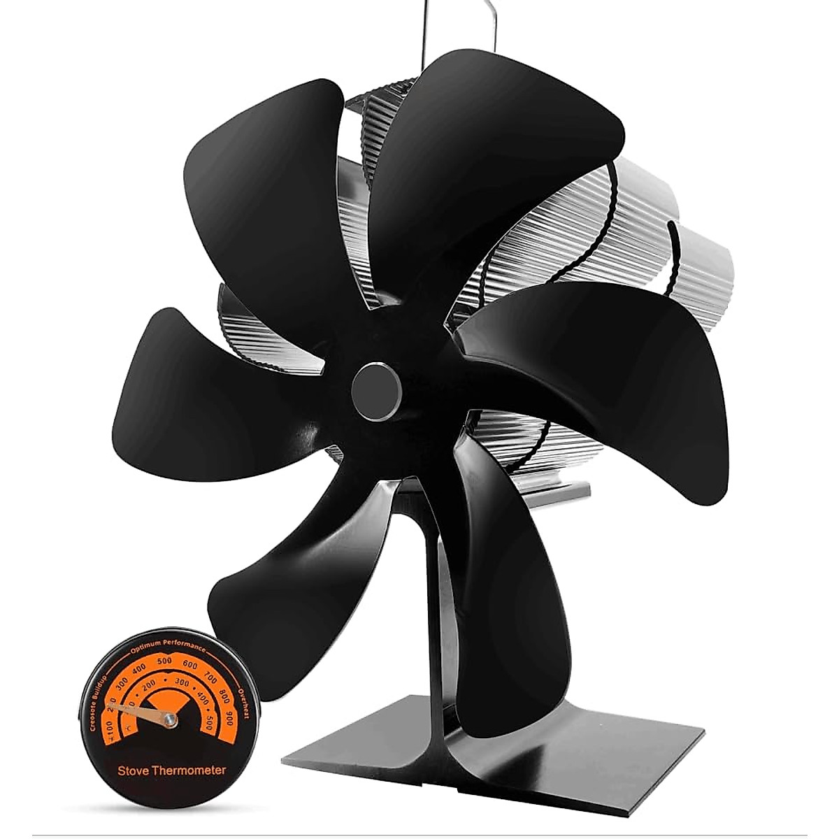 AhmyLion Wood Stove Fan, Fireplace Fan with Wood Stove Magnetic Thermometer, 6-Blade Heat Powered Stove Fan for Wood/Log Burners/Fireplaces/Heaters