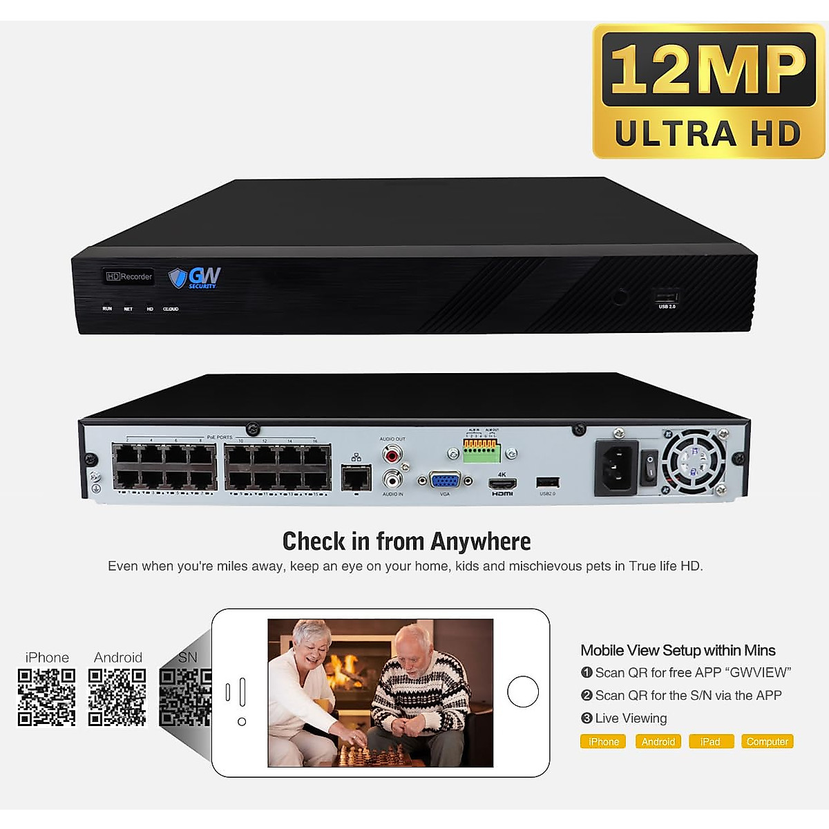 GW Security 16 Channel 12MP NVR H.265+ 4K Fulltime Color Night Vision Security Camera System with 16 UltraHD 8MP IP Two-Way Audio Outdoor PoE Security Cameras, Smart AI Human & Vehicle Detection