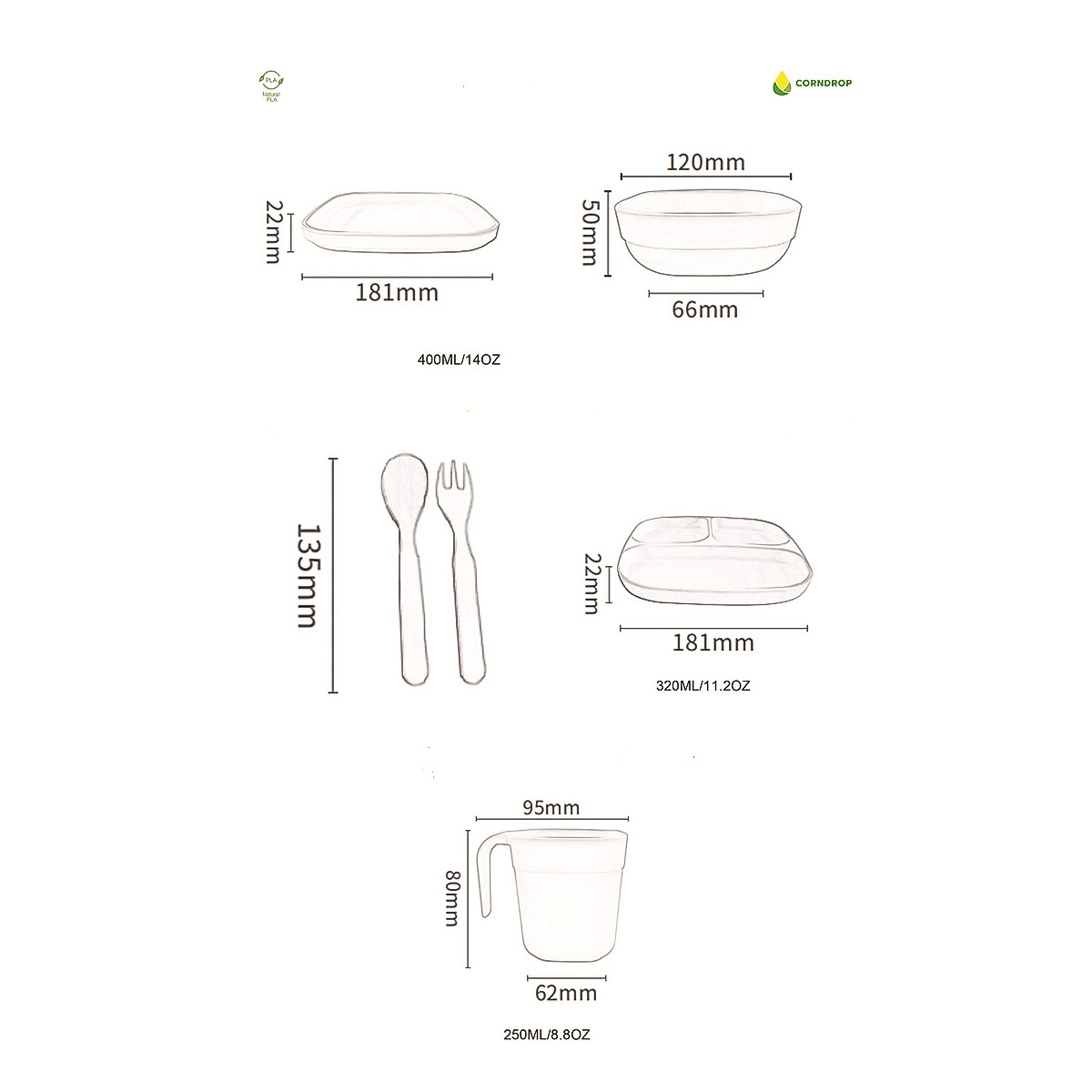 Corndrop Suction Plates for Toddlers Baby Set of 6 - Shatter Proof, Eco-Friendly, Stylish and Reusable PLA Kids Dinnerware Sets - Including Square Bowl, Cup, Spoon, Fork, and 2 Plates(Orange)