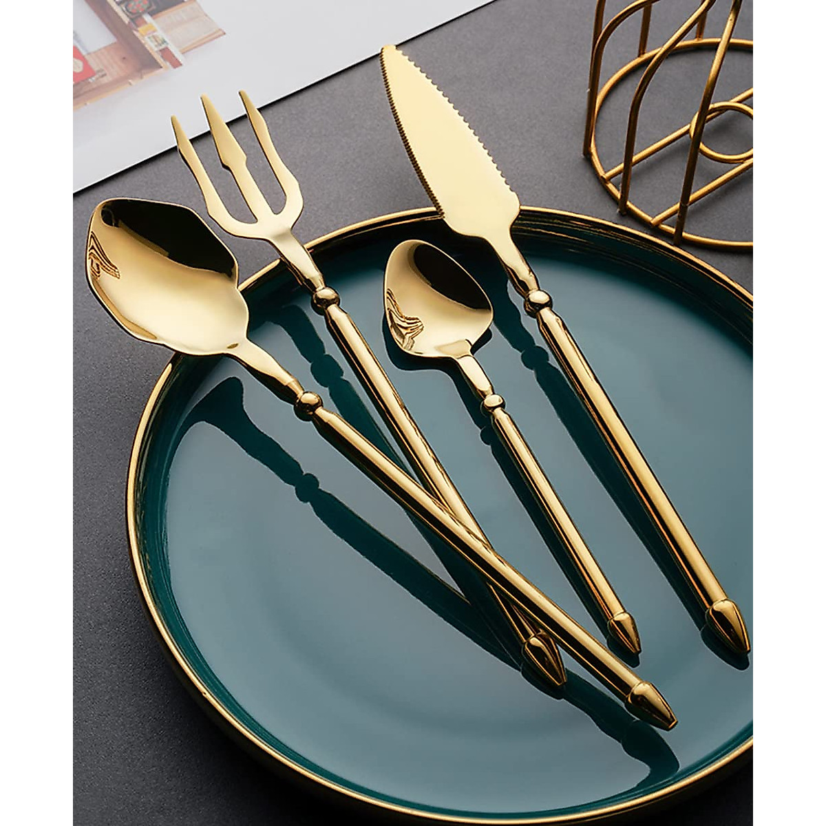 Gold Silverware Set for 16 Durable 18/10 Stainless Steel Flatware Set Creative Styles 64 Piece Modern Cutlery Tableware Utensils Set for Home Kitchen Wedding Restaurant Knives forks and Spoons (Color