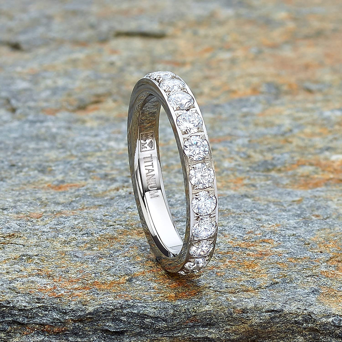 3MM Ladies Titanium Eternity Engagement Band, Wedding Ring with Pave Set Cubic Zirconia Size 8