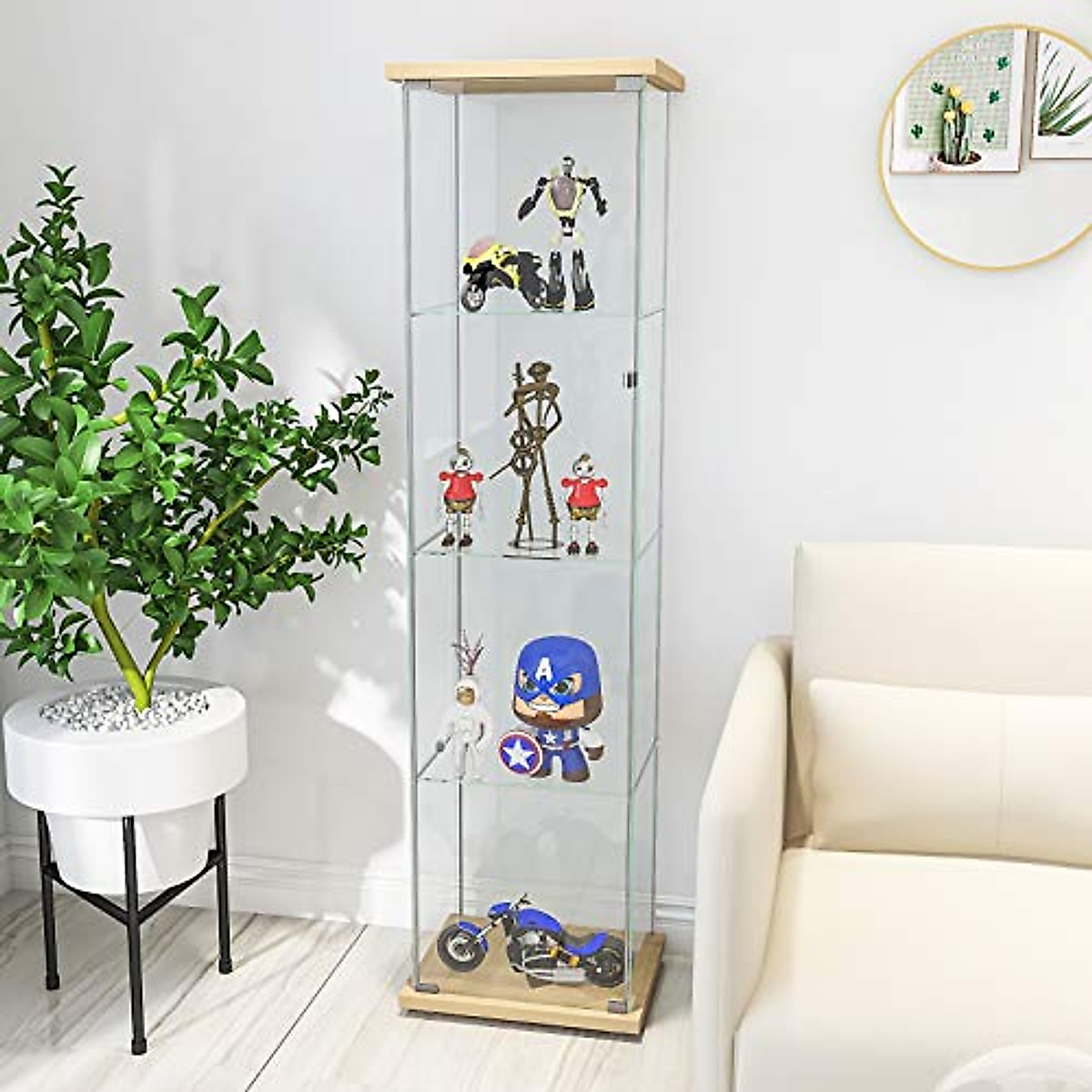 Goujxcy 4-Shelf Glass Display Showcase Cabinet, 64" Curio Cabinet Collection Display Case with Glass Door, Tempered Glass Floor Standing Bookshelf Display Organizer for Living Room, Office