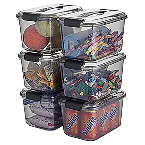 JUJIAJIA 5.5 Quart Black Clear Storage Latch Bins with Lids/Handle, 6-Pack Plastic Lidded Home Storage Organizing Latch Box